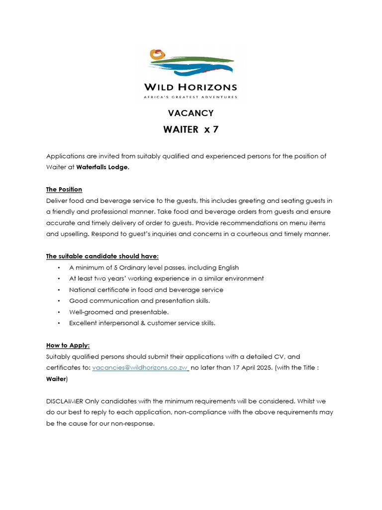 Waiter Vacancies at Waterfalls Lodge | PDF