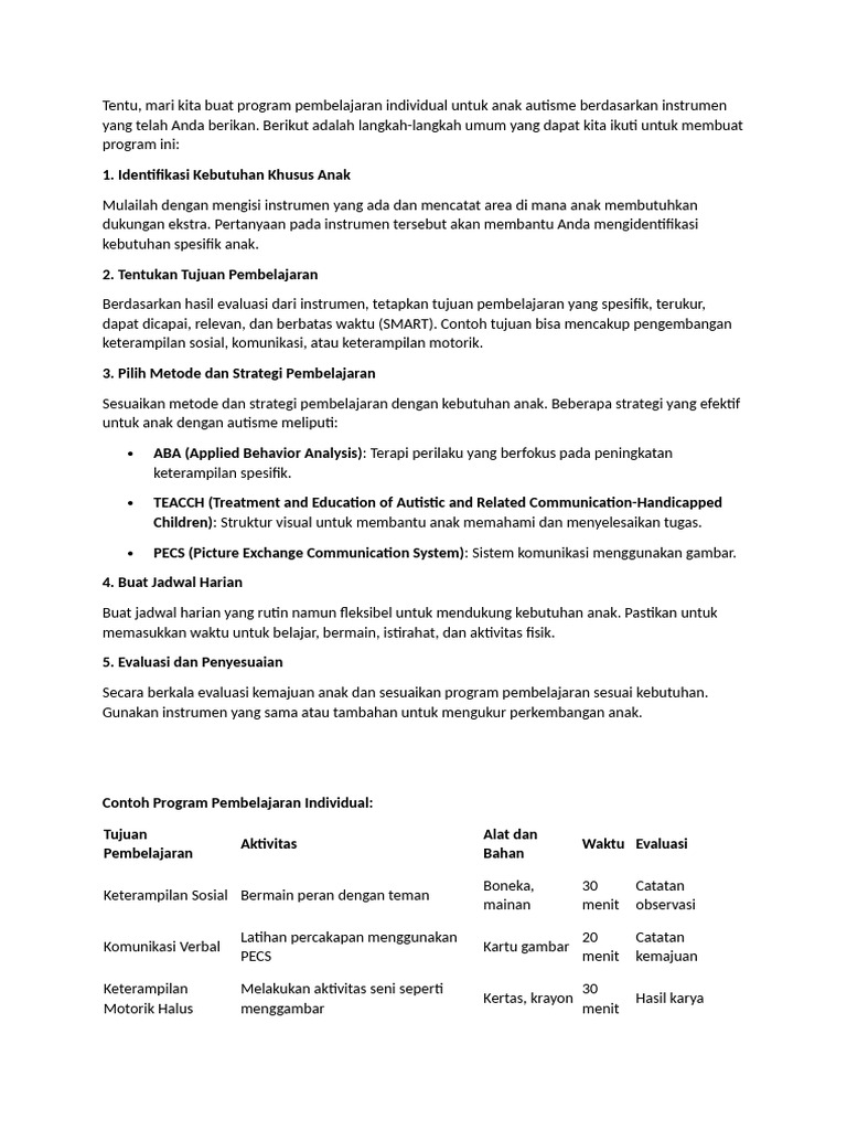 Program Pembelajaran untuk Anak Autisme | PDF