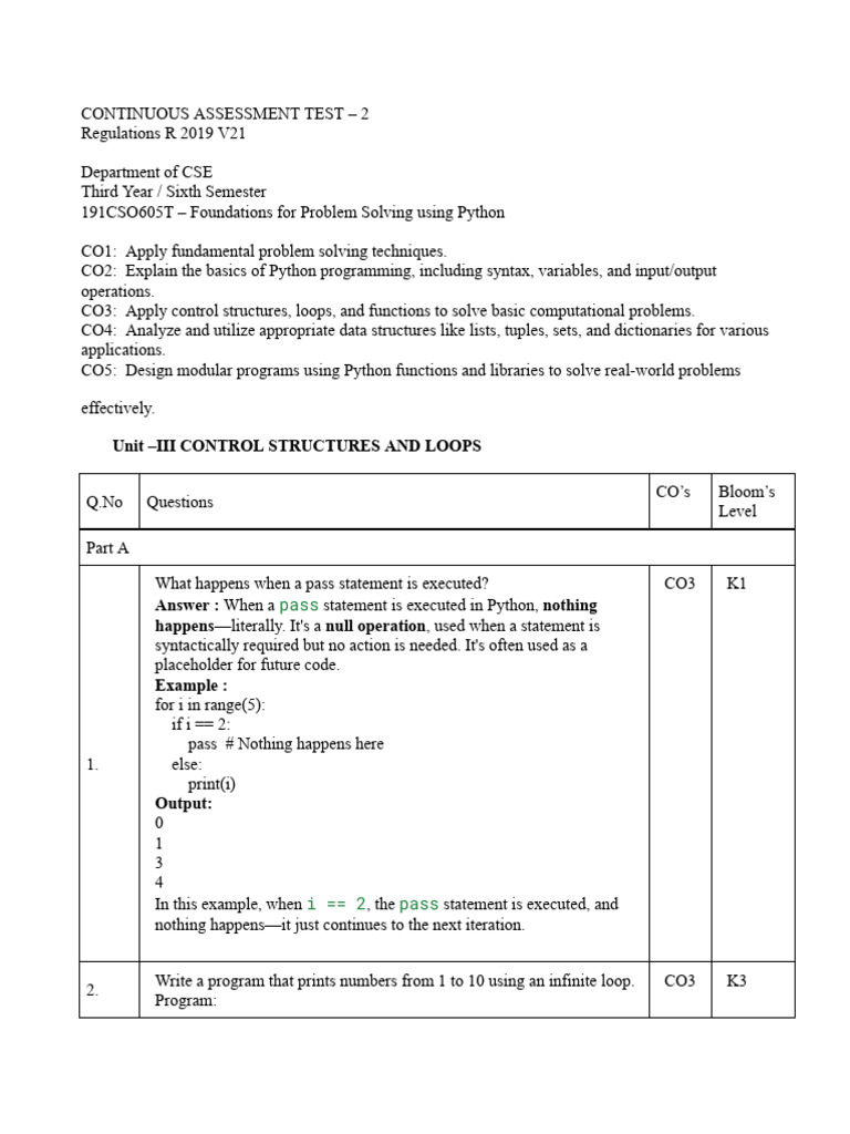 CAT 2 Unit 3,4,5 Answer Key FPSP | PDF | Parameter (Computer Programming) | Control Flow