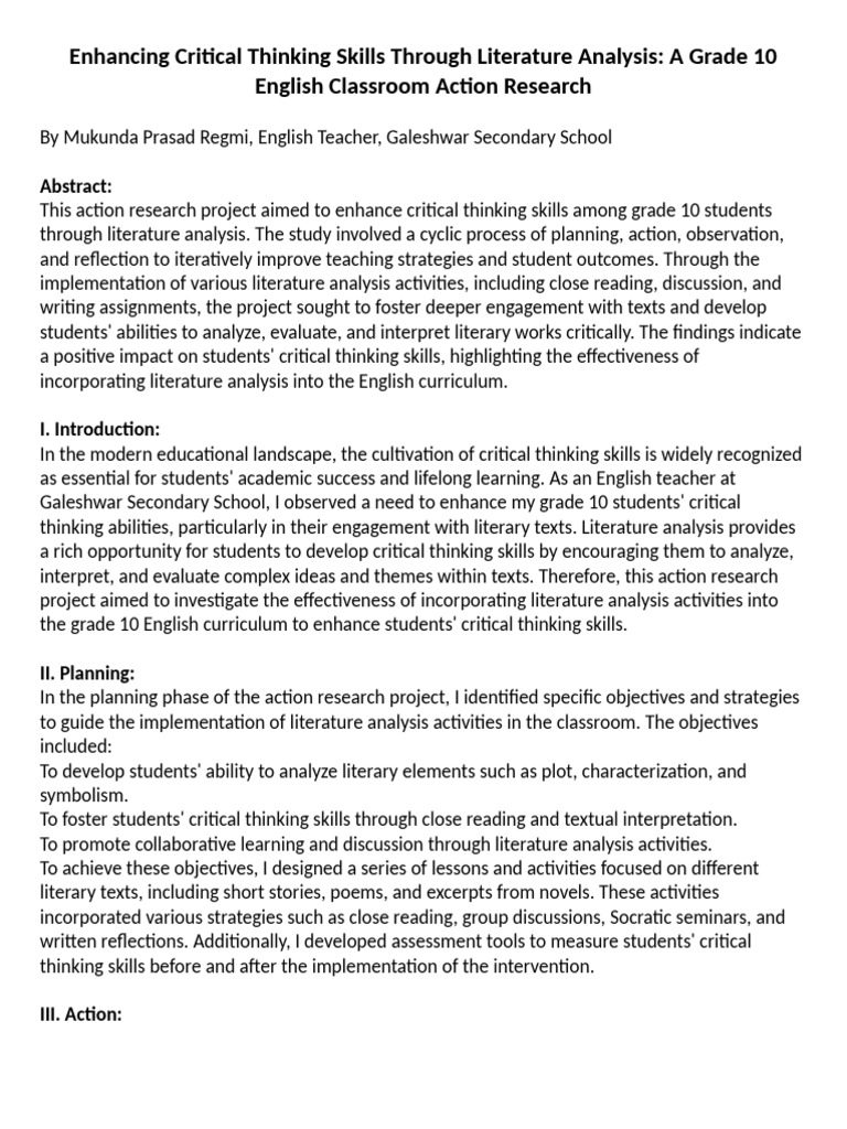 Enhancing Critical Thinking Skills Through Literature Analysis | PDF ...