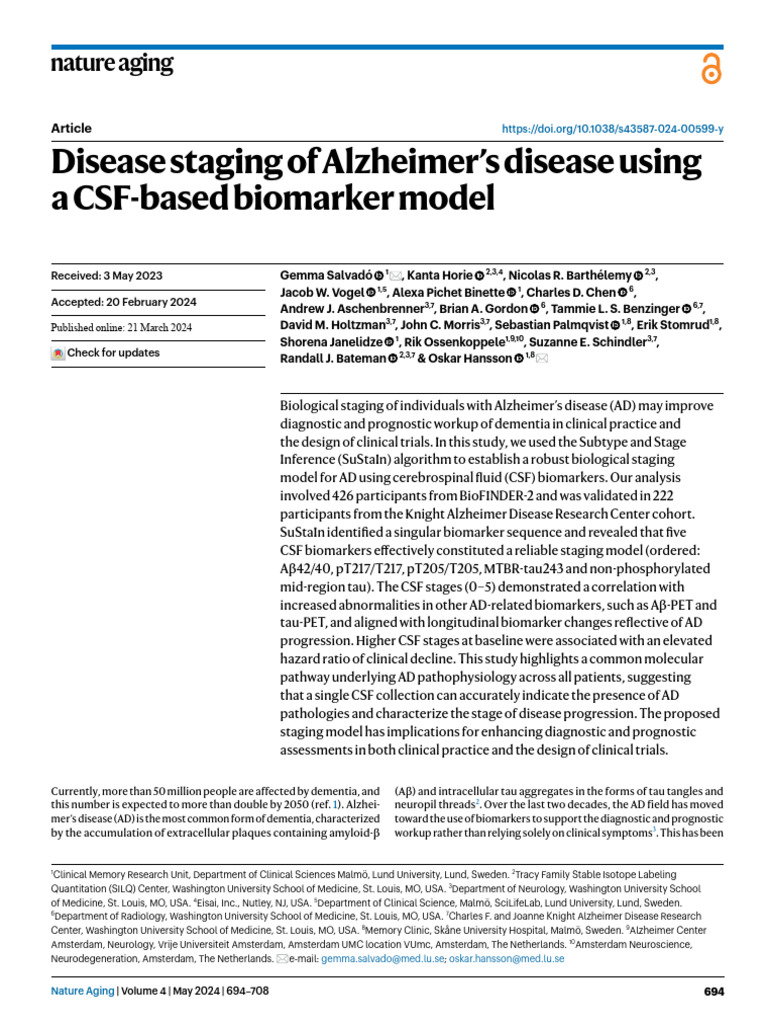 Disease Staging of Alzheimer's Disease Using A CSF-based Biomarker Model | PDF | Amyloid Beta ...