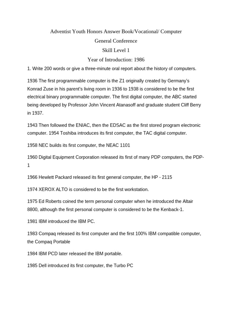 Adventist Youth Honors Answer Book/Vocational/ Computer General Conference Skill Level 1 Year of ...