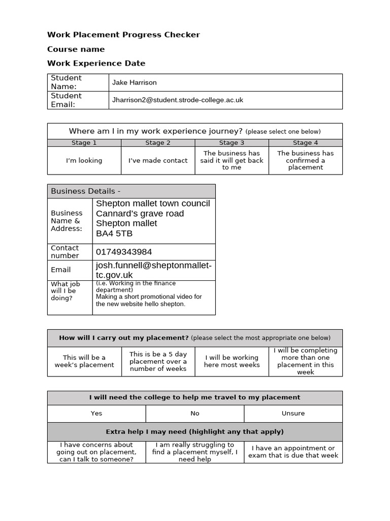 Form For Students To Tell You Their Progress in Finding A Placement | PDF