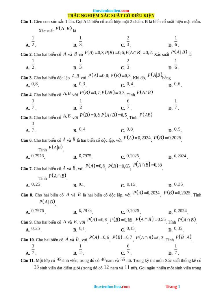 40 Cau Trac Nghiem XAC SUAT CO DIEU KIEN Giai Chi Tiet | PDF