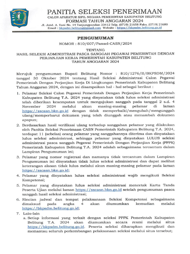 3afaa Pengumuman Hasil Seleksi Administrasi Pasca Sanggah PPPK Tahun 2024 | PDF