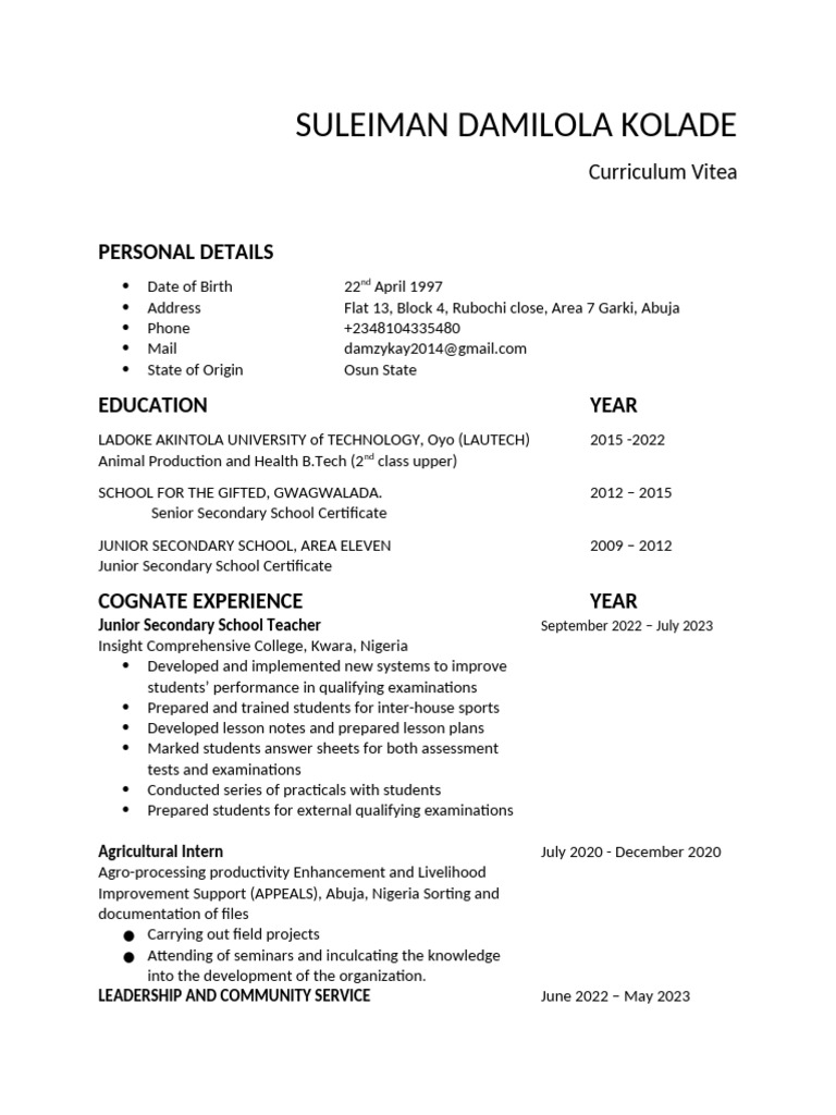SULEIMAN DAMILOLA KOLADE CV | PDF | Learning