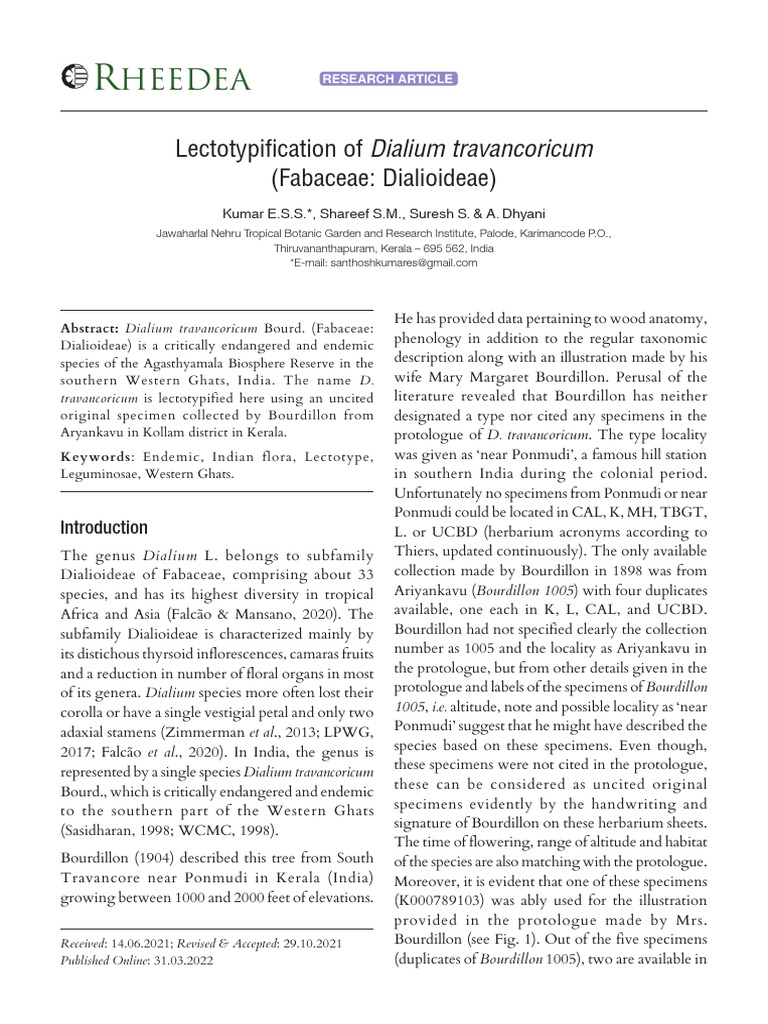 Lectotypification of Dialium Travancoricum | PDF | Taxonomy (Biology ...