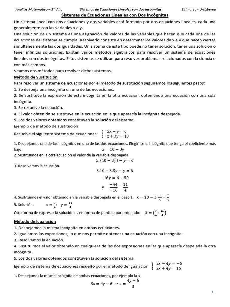 Sistemas De Ecuaciones Lineales Con Dos Incógnitas 2025 Pdf 7250
