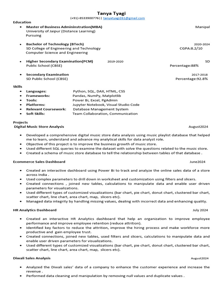 Tanya Tyagi Data Analyst Resume (1) | PDF | Databases | Data Analysis