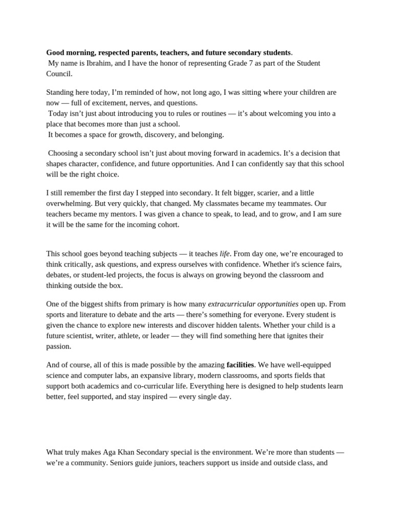 Ibrahim Grade 6 Orientation Speech | PDF | Teachers | Schools