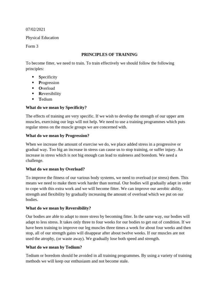Form 3 Principles of Training | PDF | Physical Fitness | Management Of ...