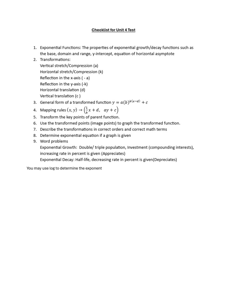 Checklist For Unit 4 Test | PDF