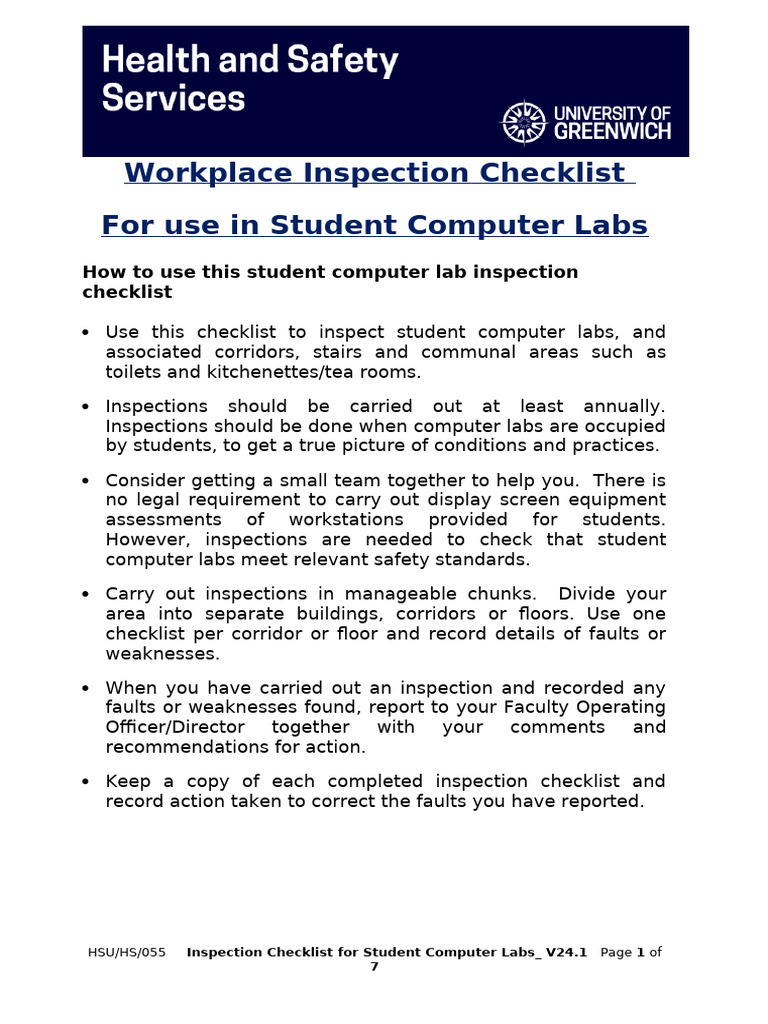 Hss Hs 055 Inspection Checklist Student Computer Lab Checklist | PDF ...