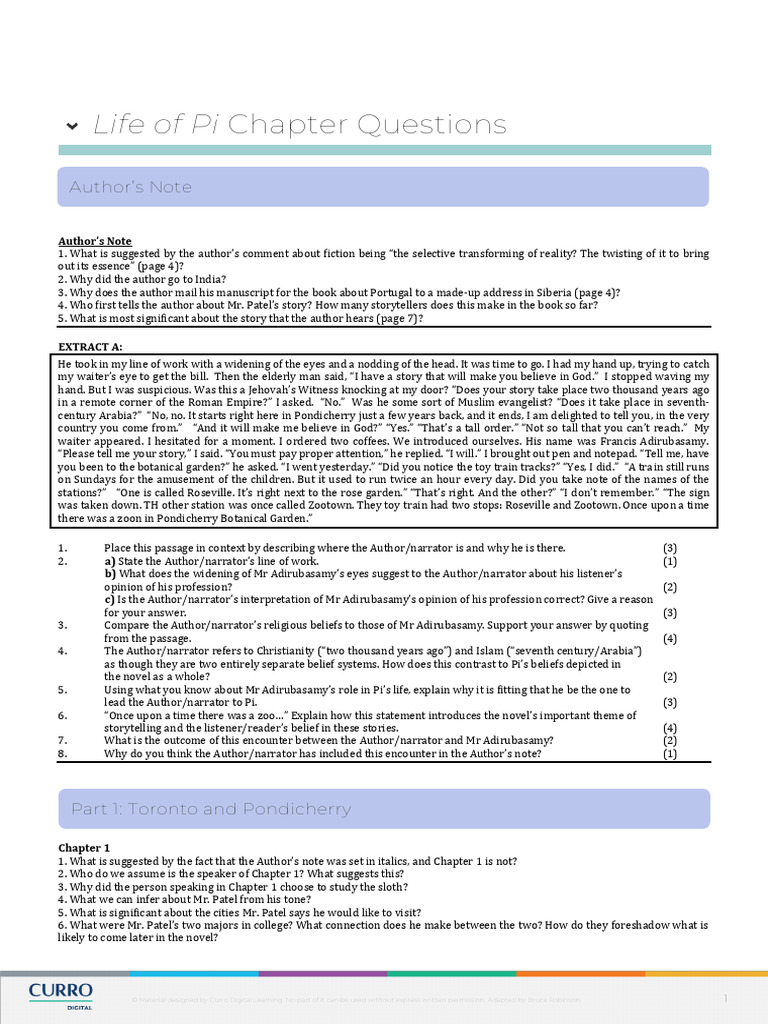 Life of Pi Module v1.1 - Chapter Questions | PDF | Narration