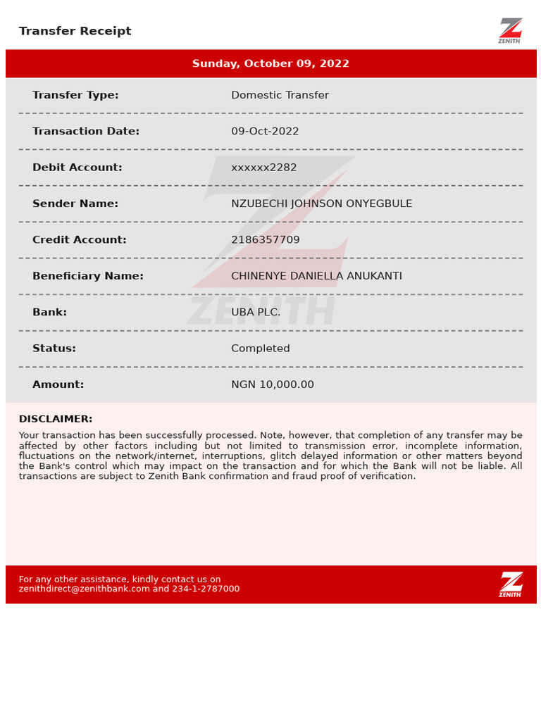 UBA Transfer Receipt Confirmation | PDF
