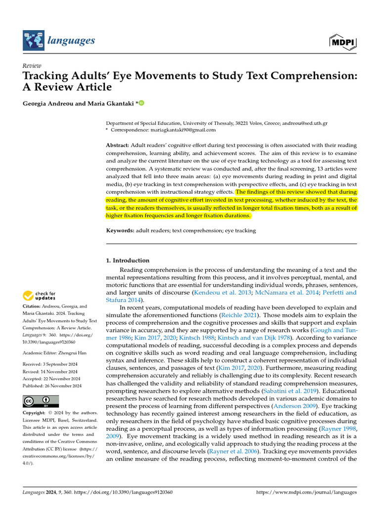 Andreou G. & Gkantaki (2024) - Tracking Adults' Eye Movements To Study Text Comprehension A ...
