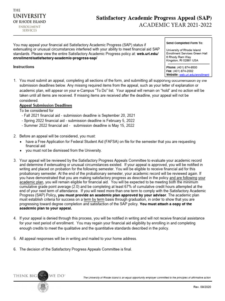 Satisfactory Academic Progress Appeal 2021 22 | PDF | Student Financial ...