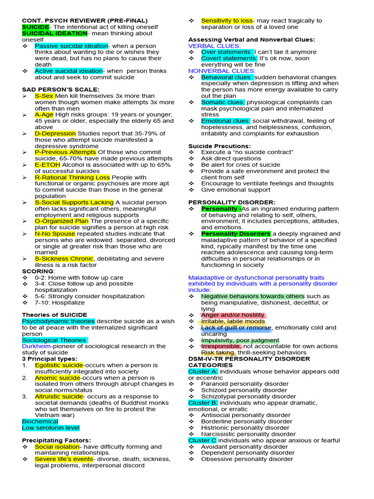 Cont. Psych Reviewer For Prefinals Mariano | PDF | Personality Disorder | Substance Abuse