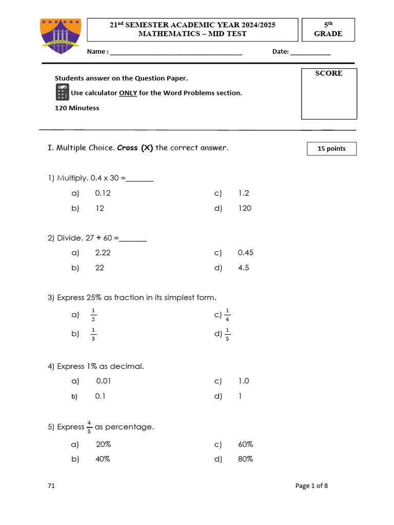 5th Grade Mathematics Mid Test 2024/2025 | PDF | Percentage | Numbers