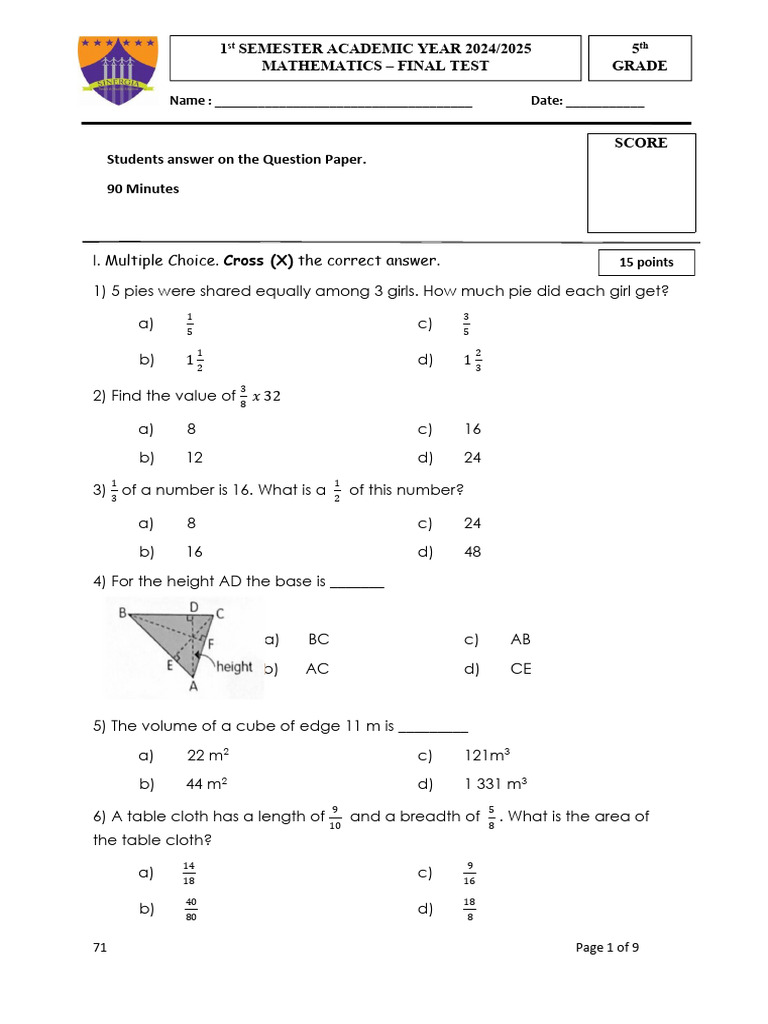 5th Grade Math Final Test 2024/2025 | PDF | Area | Volume