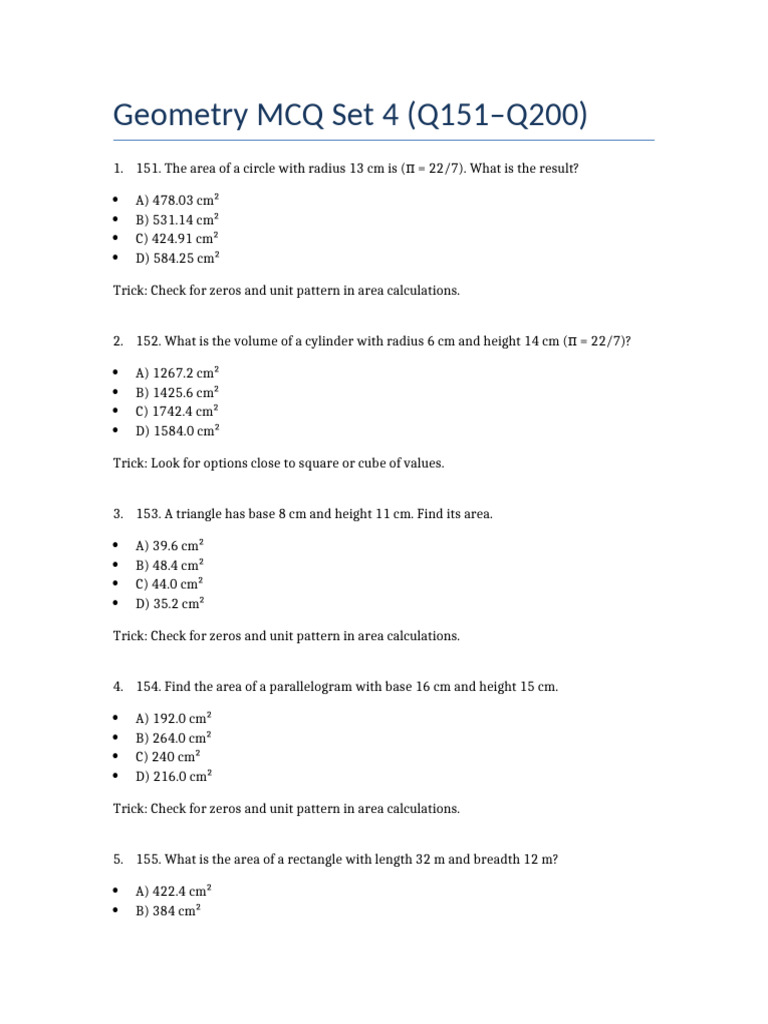 Geometry MCQ Set4 Q151 Q200 | PDF | Area | Length