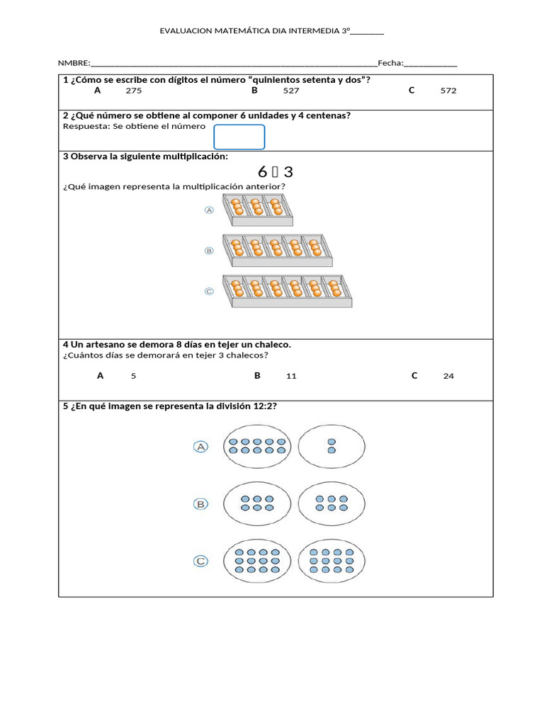 Evaluación Matemática Intermedia 3° grado | PDF
