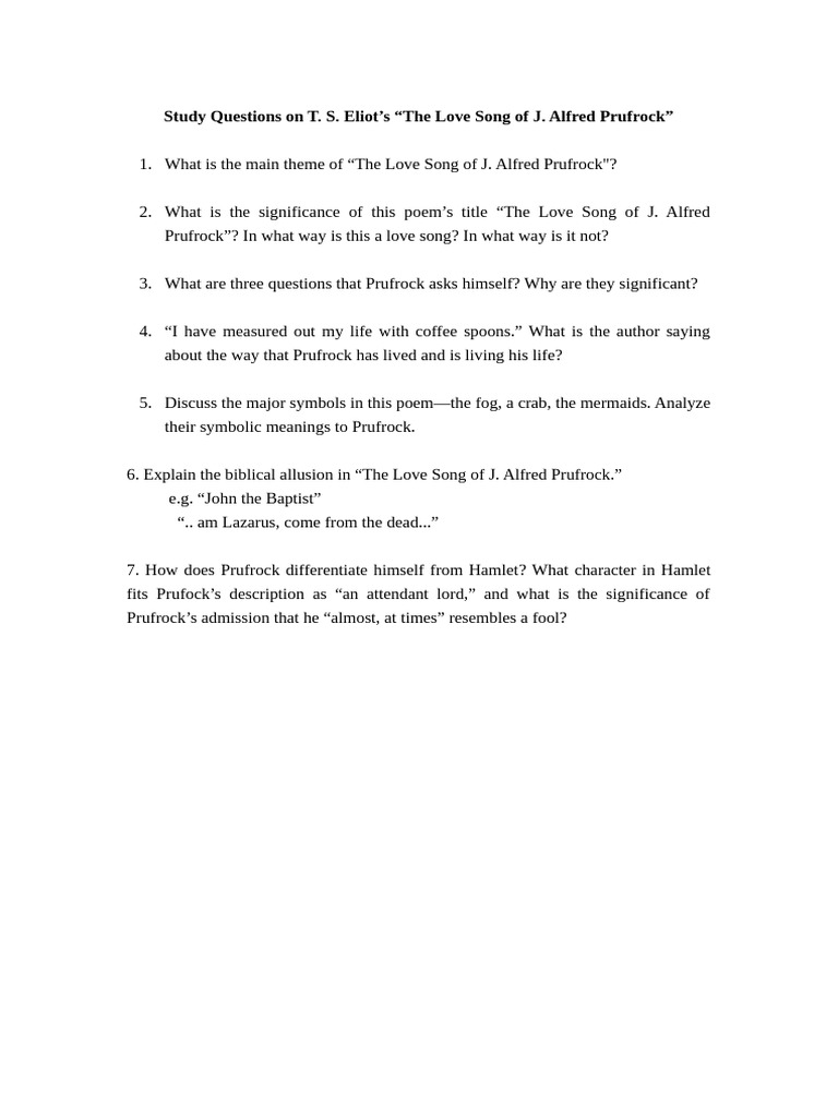 Study Questions On The Love Song of J. Alfred Prufrock | PDF