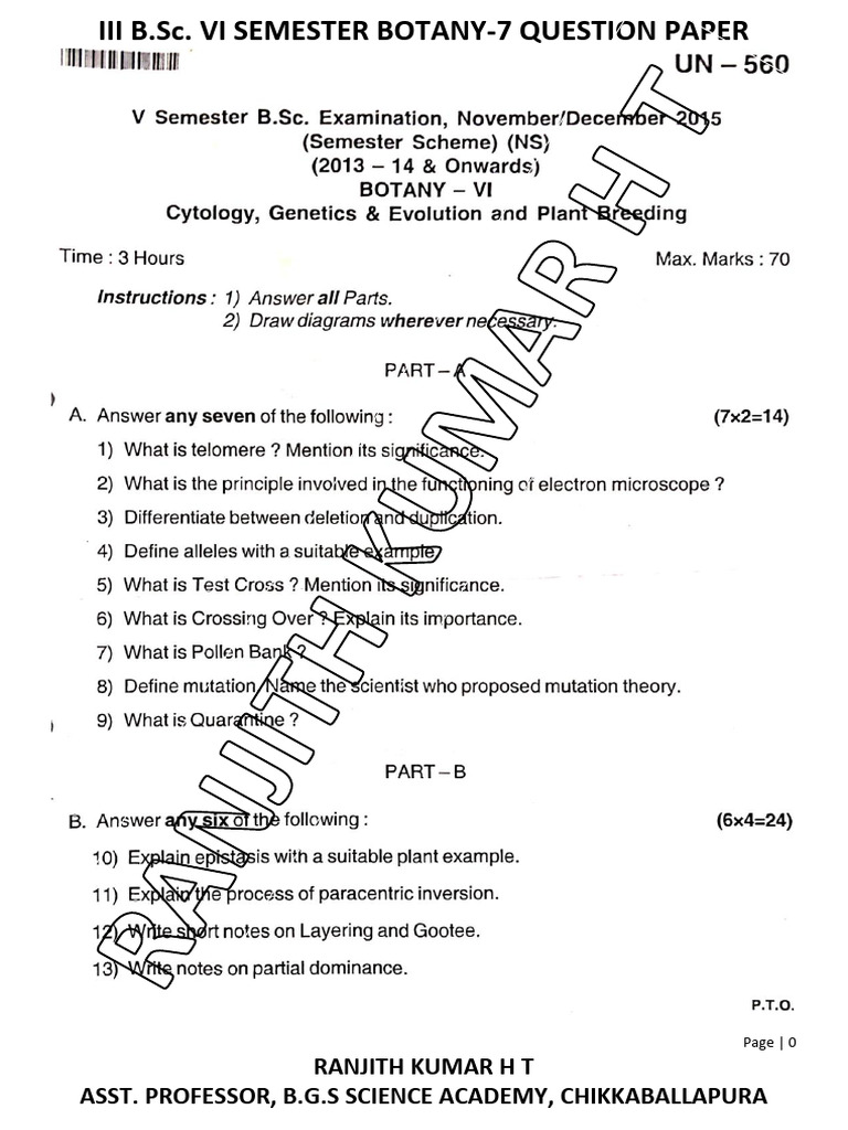 Botany Paper Vii Previous Years 2015-2019 Question Papers | PDF