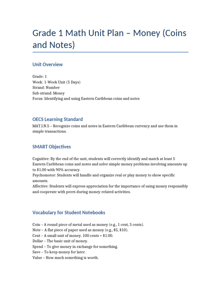 Grade 1 Math Unit Money Week Plan | PDF | Money | United States Dollar