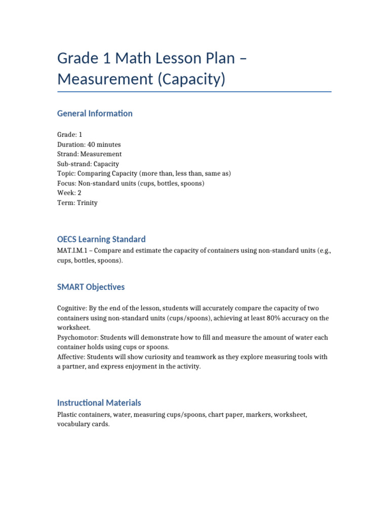 Grade 1 Capacity Comparison Lesson | PDF