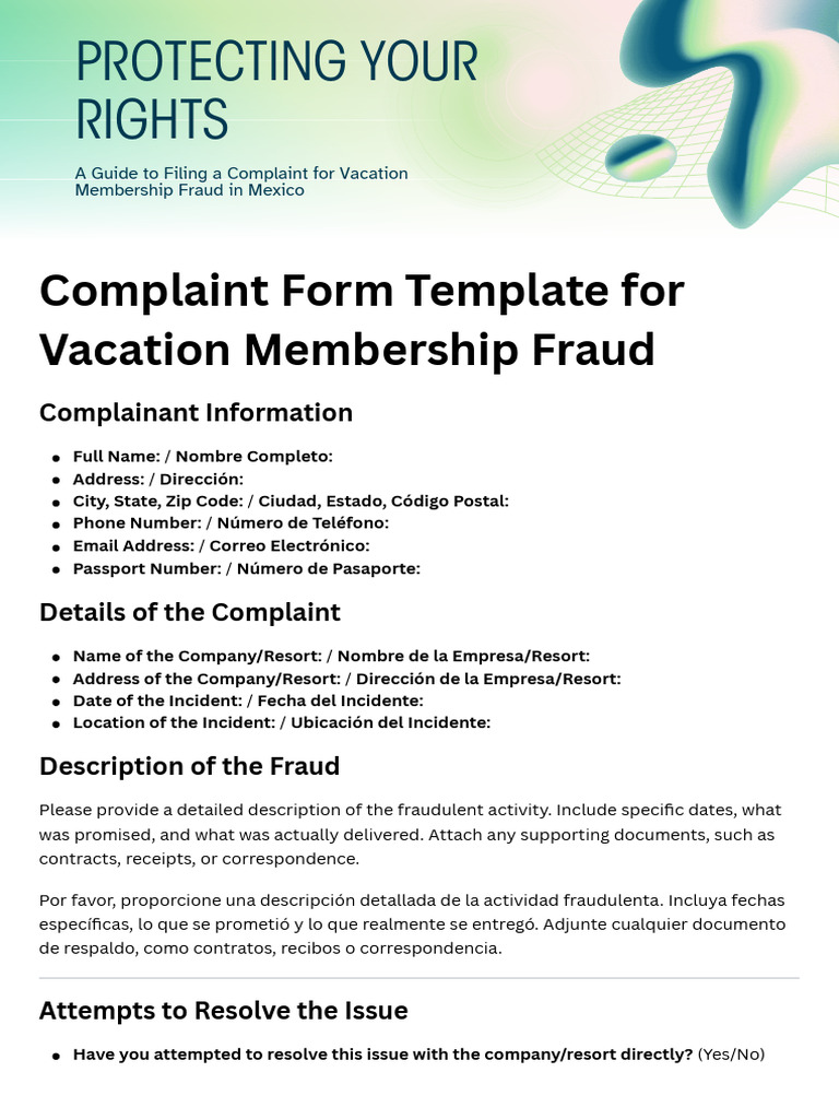 Complaint Form Template For Vacation Membership Fraud | PDF
