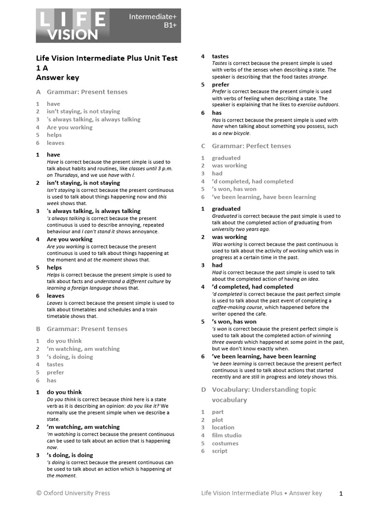 Lif Visi Intp Unit 1a Answer Key | PDF | Grammatical Tense | Romance Novels