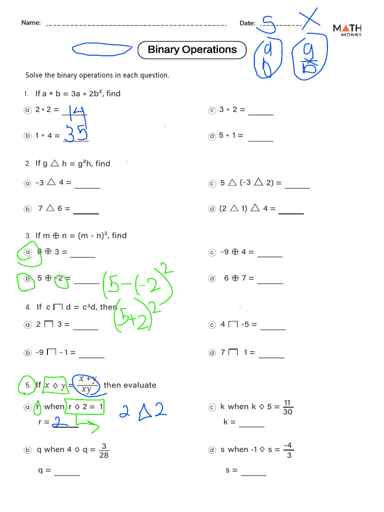 Binary Operations Worksheet | PDF | Abstract Algebra | Mathematics