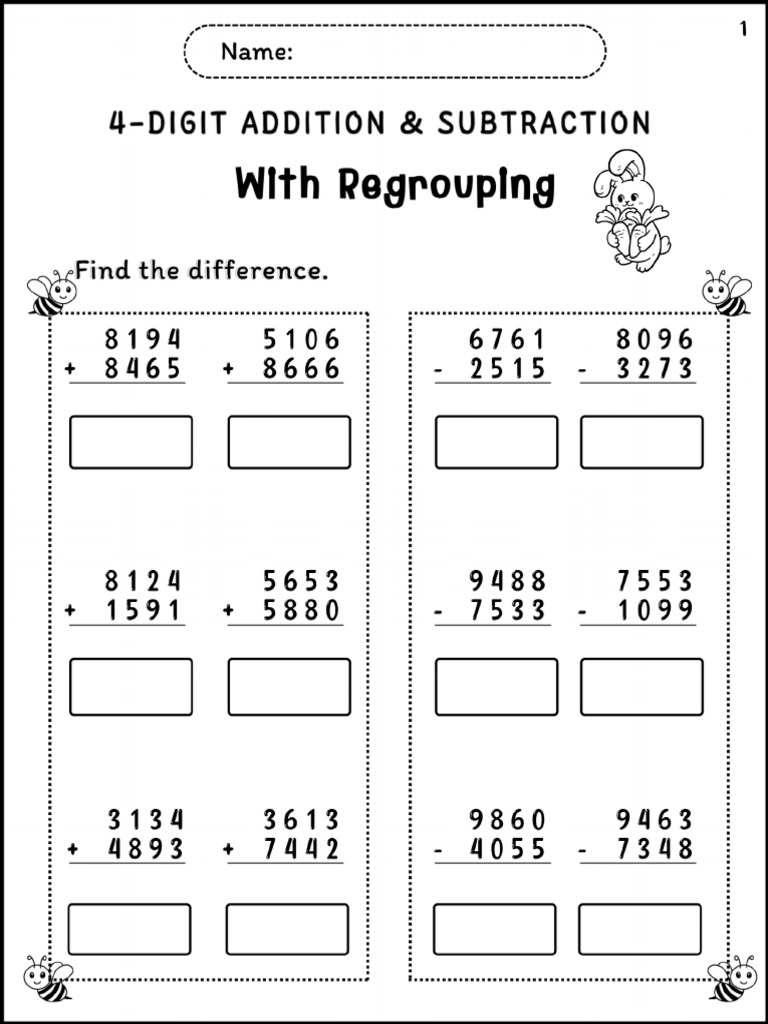 4DigitAdditionSubtractionwithRegroupingPracticeFree 1 | PDF