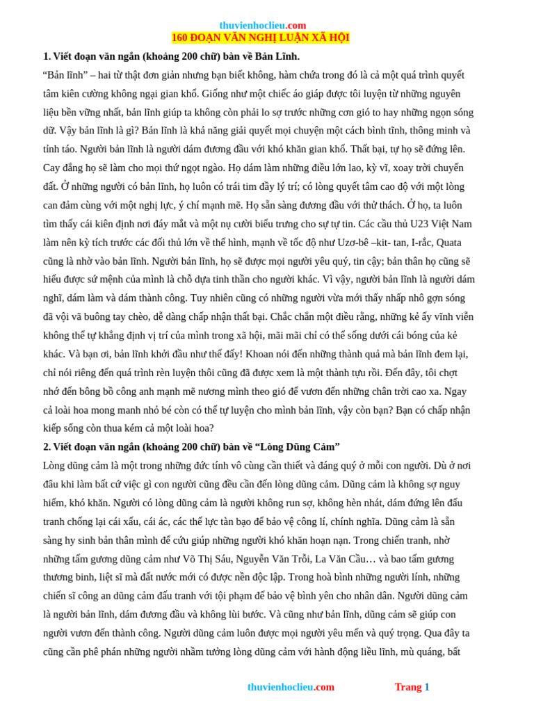 160 Doan Van Nghi Luan Xa Hoi On Thi Vao 10 Co Loi Giai | PDF