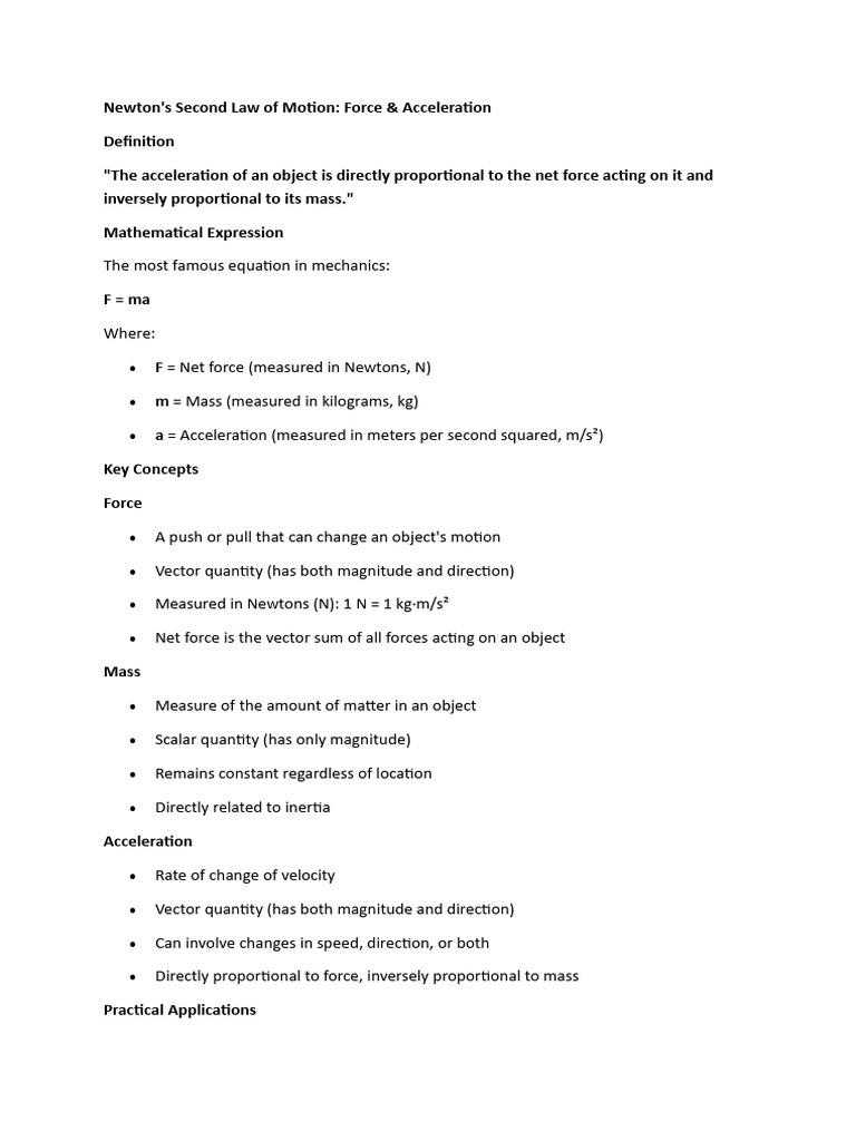 Newton's Second Law of Motion Force & Acceleration | PDF