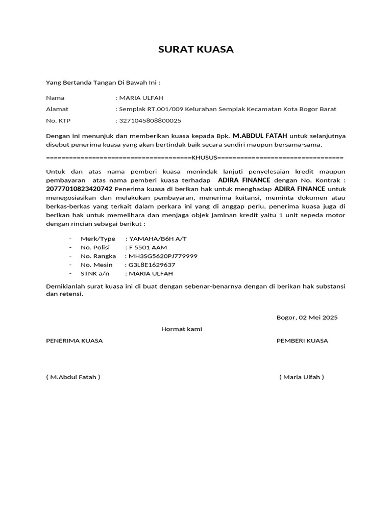 Format Surat Kuasa Adul | PDF