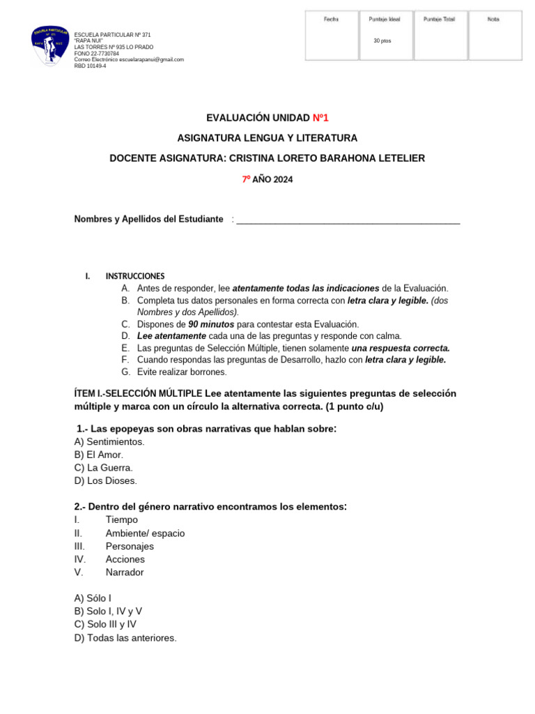 Prueba de Unidad 1 LENG 7MO 2023 | PDF