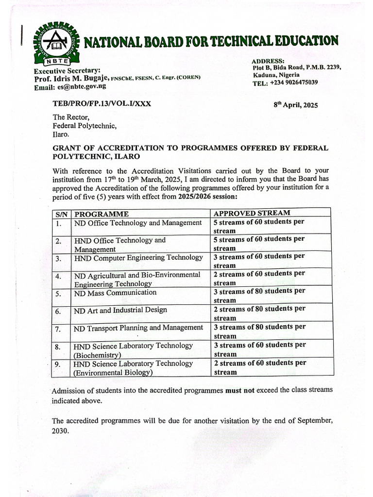 Federal Polytechnic, Ilaro Approval Lett | PDF