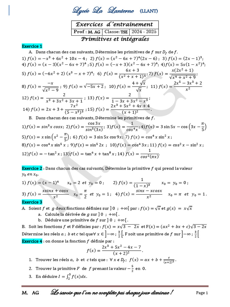 Exercices de Primitives et Intégrales | PDF | Intégral | Analyse ...