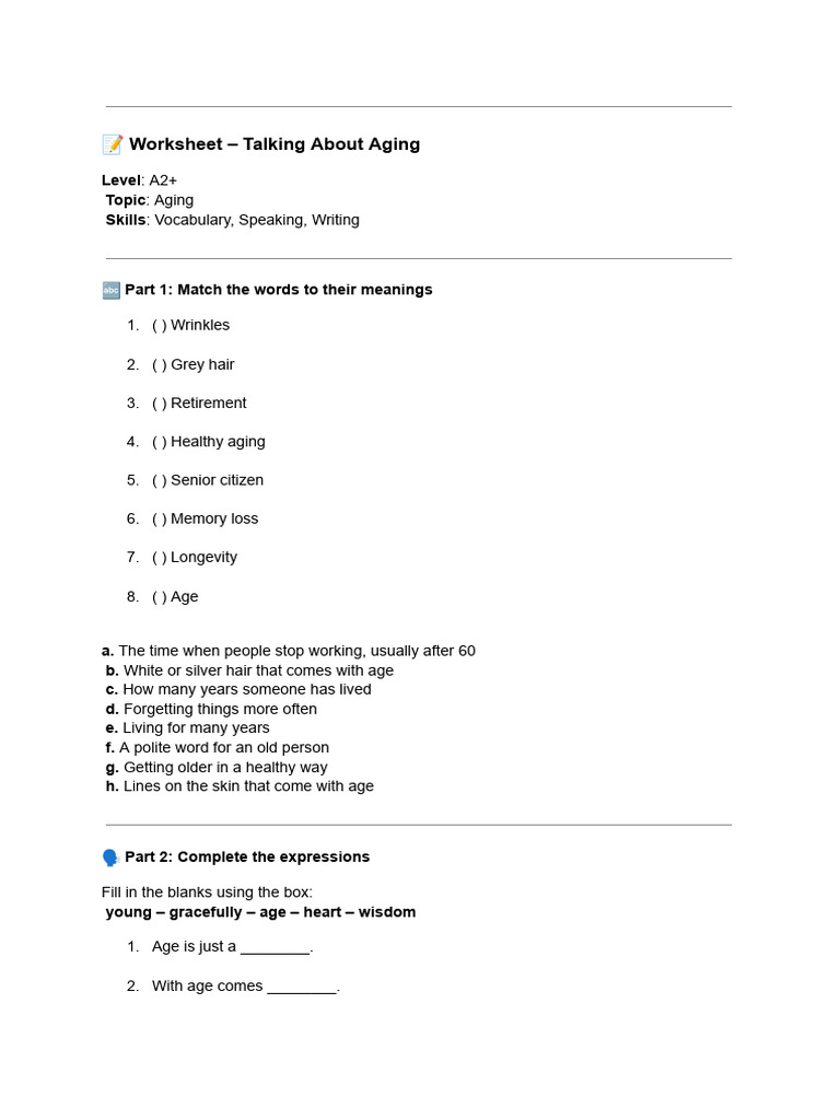 ? Worksheet - Talking About Aging | PDF