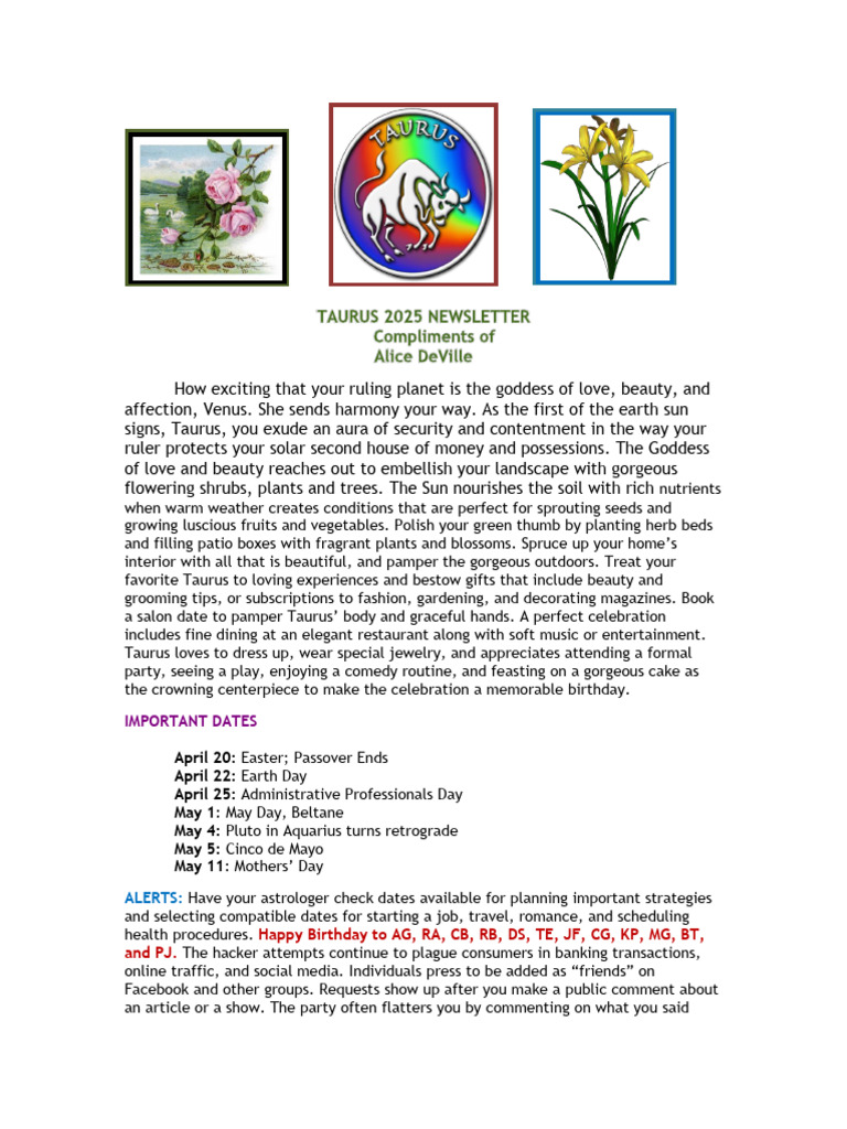 Taurus 2025 Newsletter | PDF | Planets In Astrology | Astrological Sign