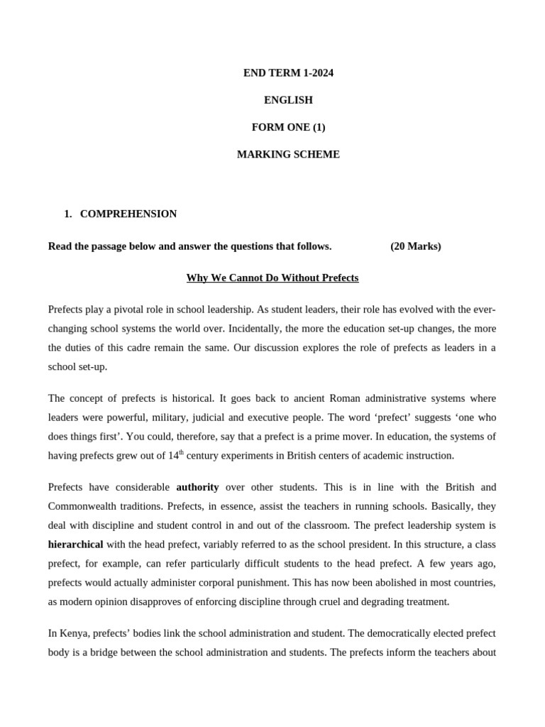 Form 1 English - Marking Scheme | PDF | Noun | Pronoun