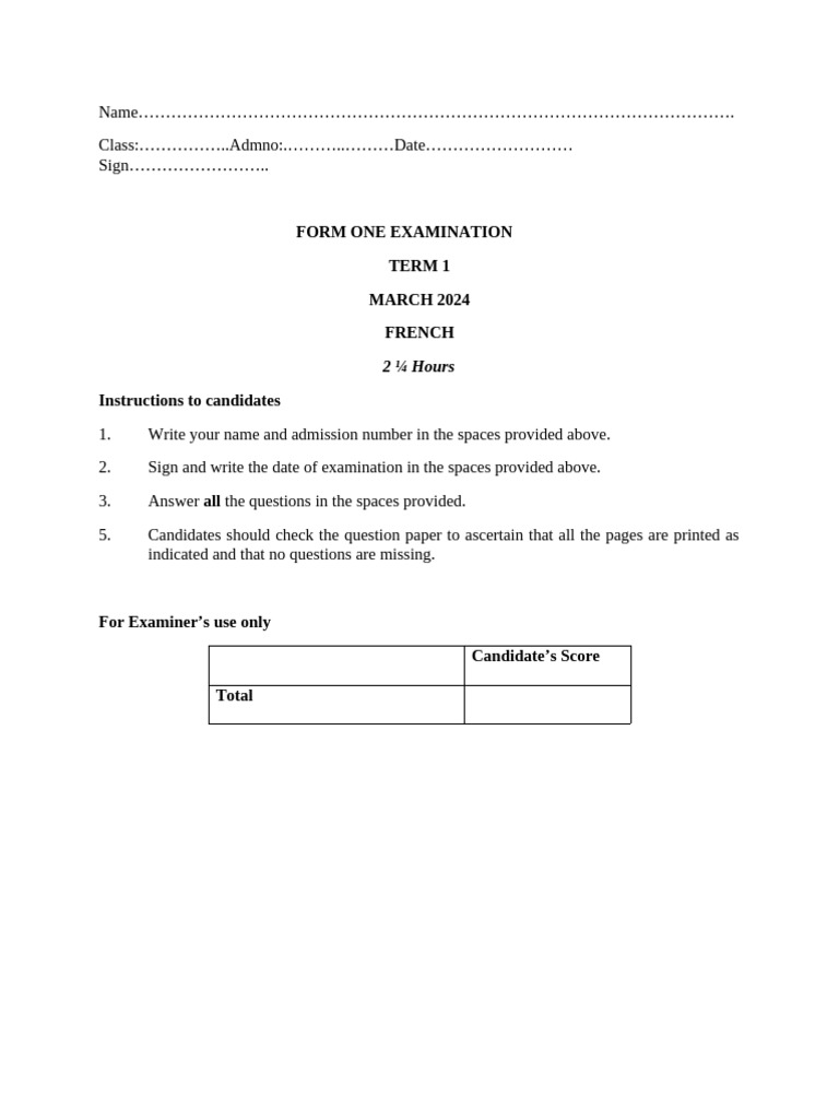 Form 1 French - Question Paper | PDF