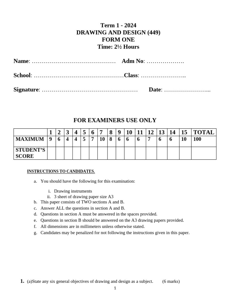 Form 1 Drawing and Design - Question Paper | PDF | Elementary Geometry