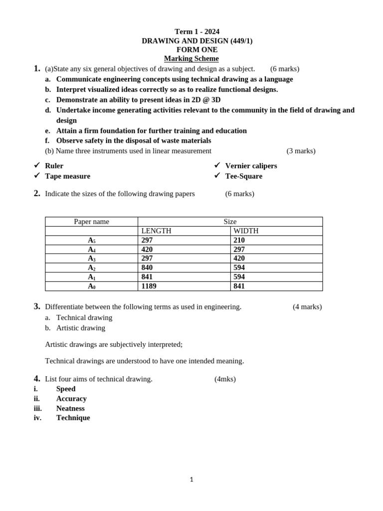Form 1 Drawing and Design - Marking Scheme | PDF | Triangle | Drawing