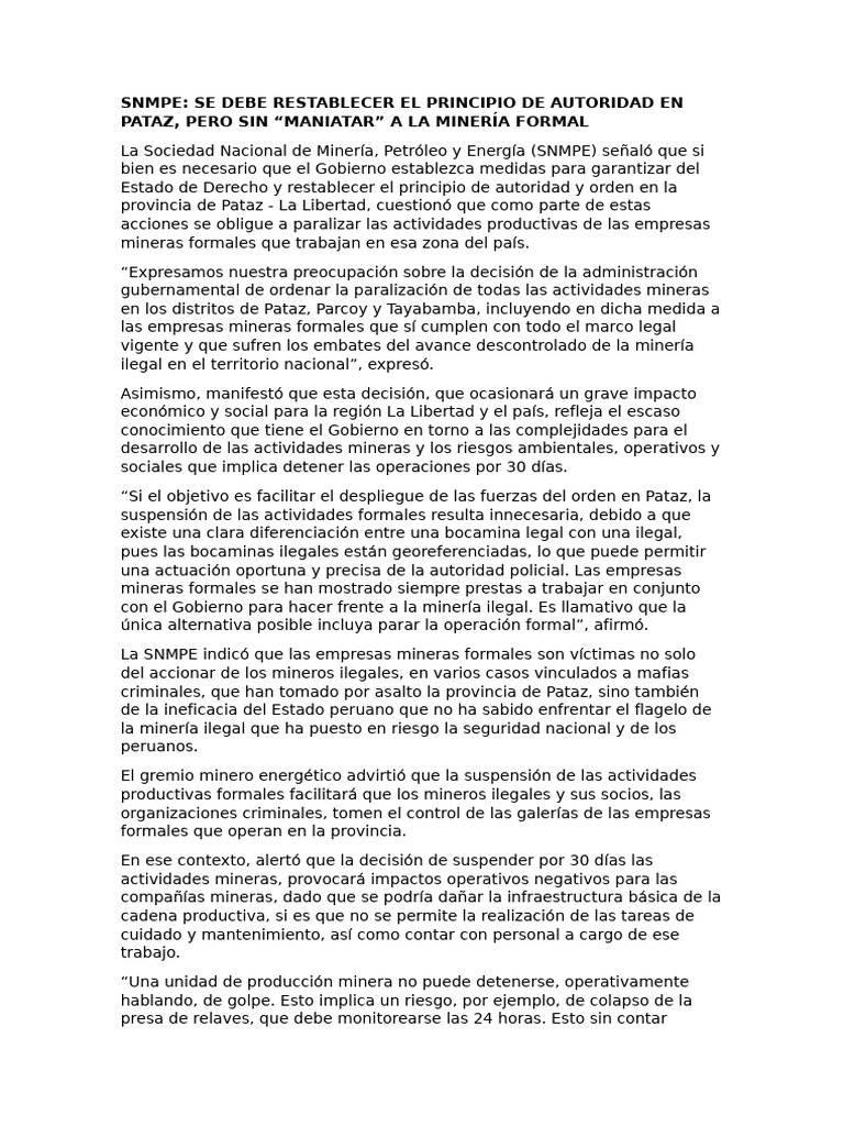 SNMPE SE DEBE RESTABLECER EL PRINCIPIO DE AUTORIDAD EN PATAZ, PERO SIN ...