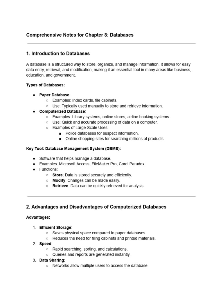 Detailed Notes For Chapter 8 - Databases | PDF | Databases | Table ...