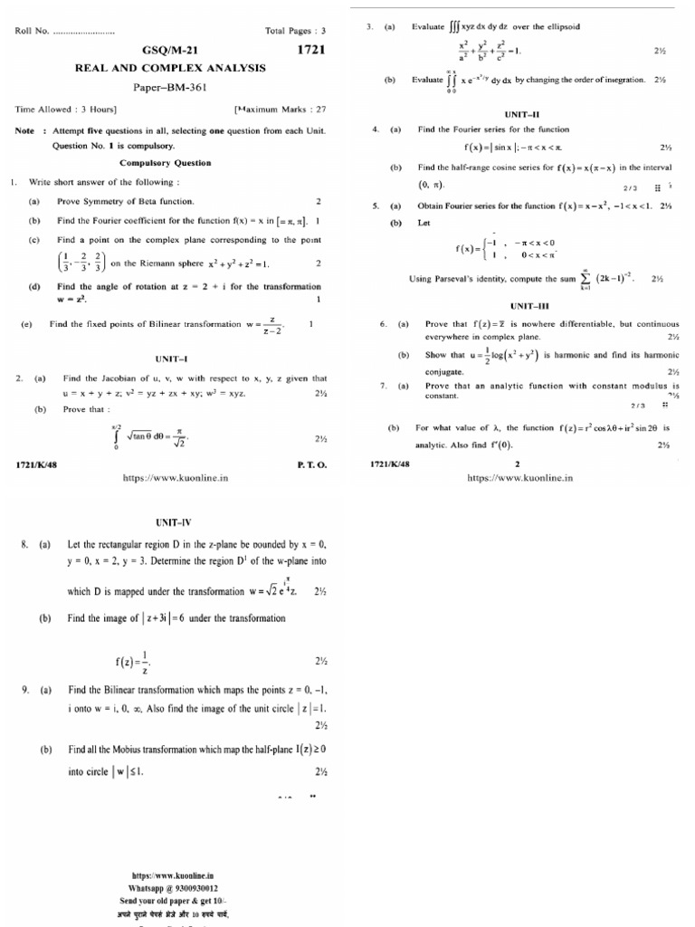 Ba 6 Sem Real and Complex Analysis 1721 May 2021 | PDF