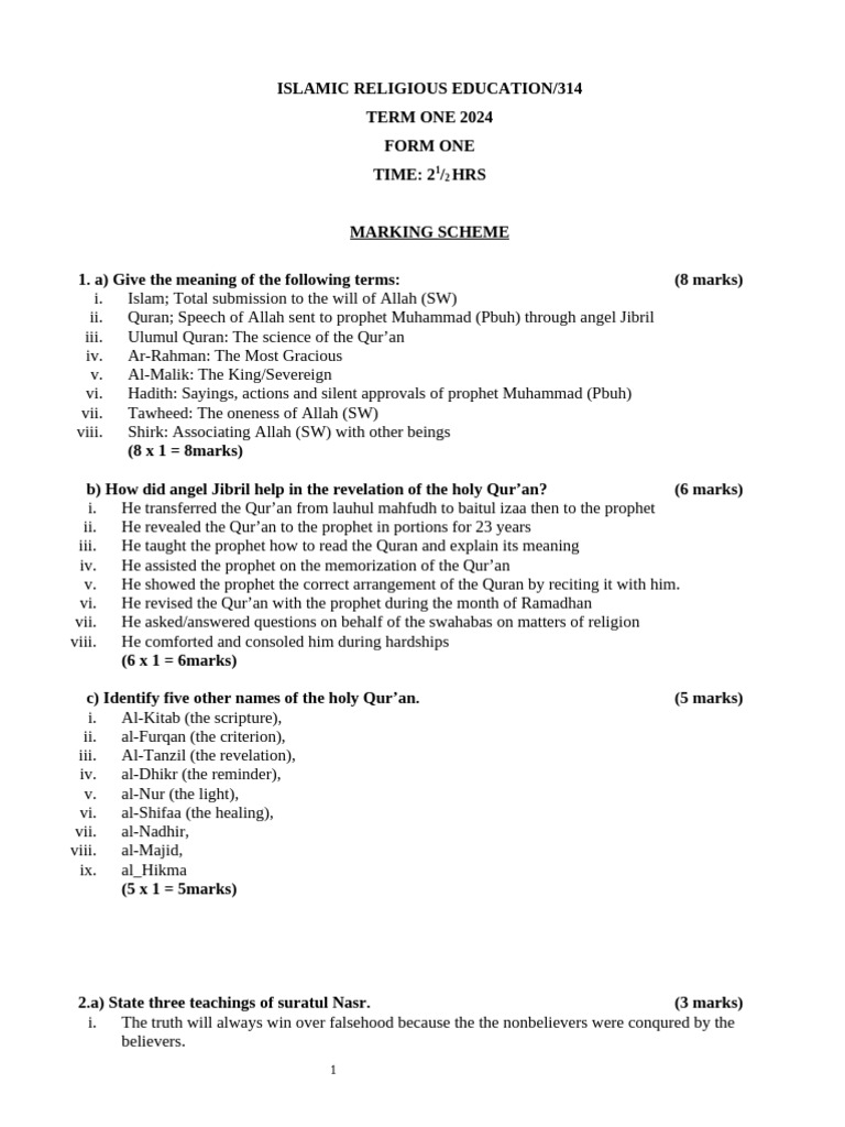 Form 1 I.R.E - Marking Scheme | PDF | Quran | Islam